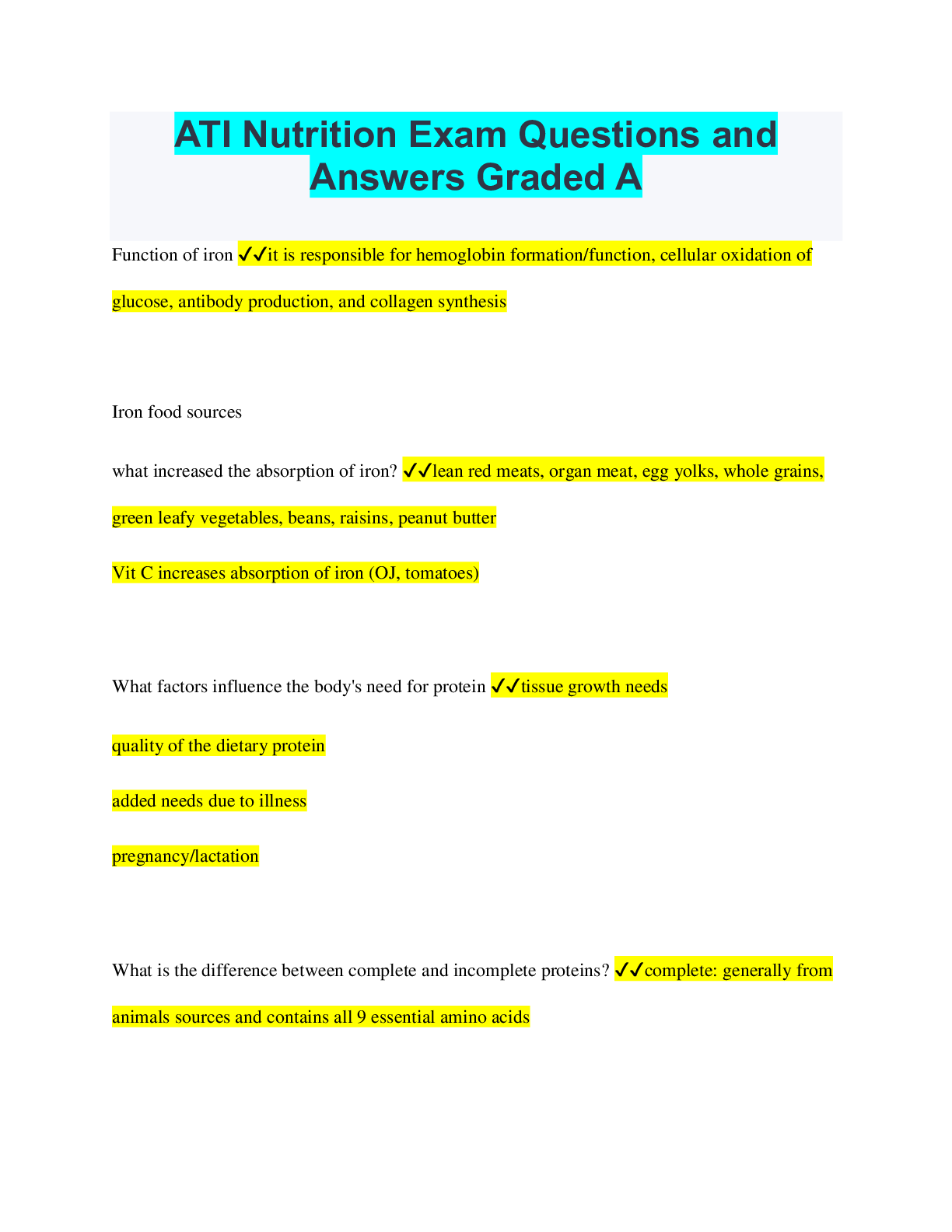 ATI Nutrition Exam Questions And Answers Graded A Scholarfriends